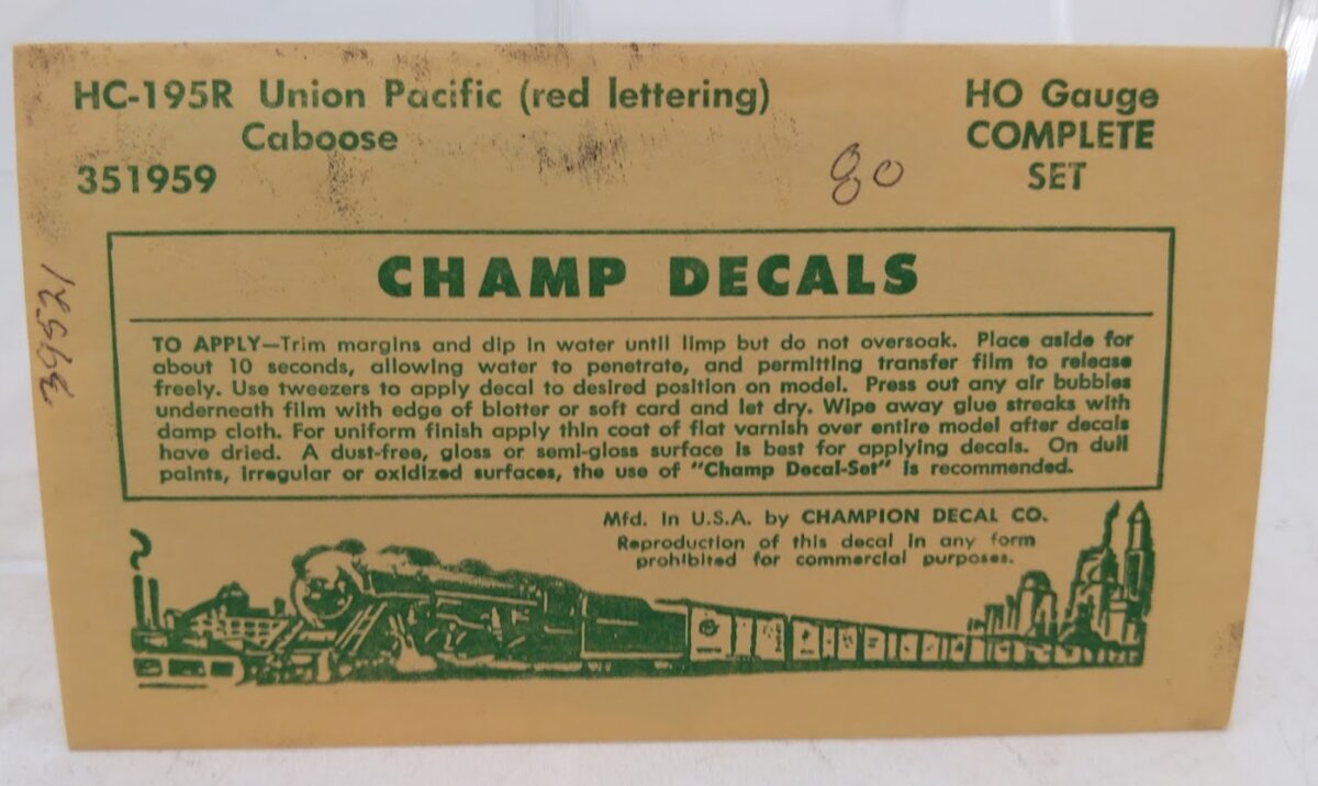 Champ Decals HC-195R HO Union Pacific Caboose Red & Yellow Lettering D ...