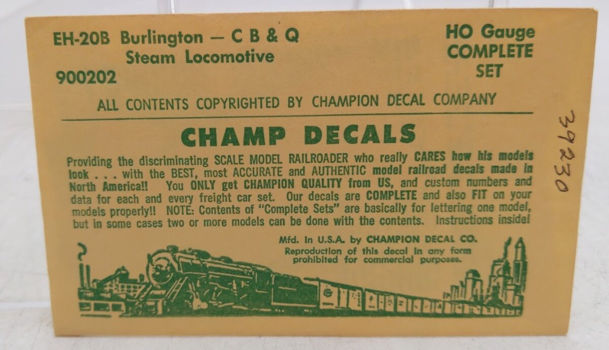 Champ Decals EH-20B HO Scale Burlington C B & Q Steam Locomotive Compl ...