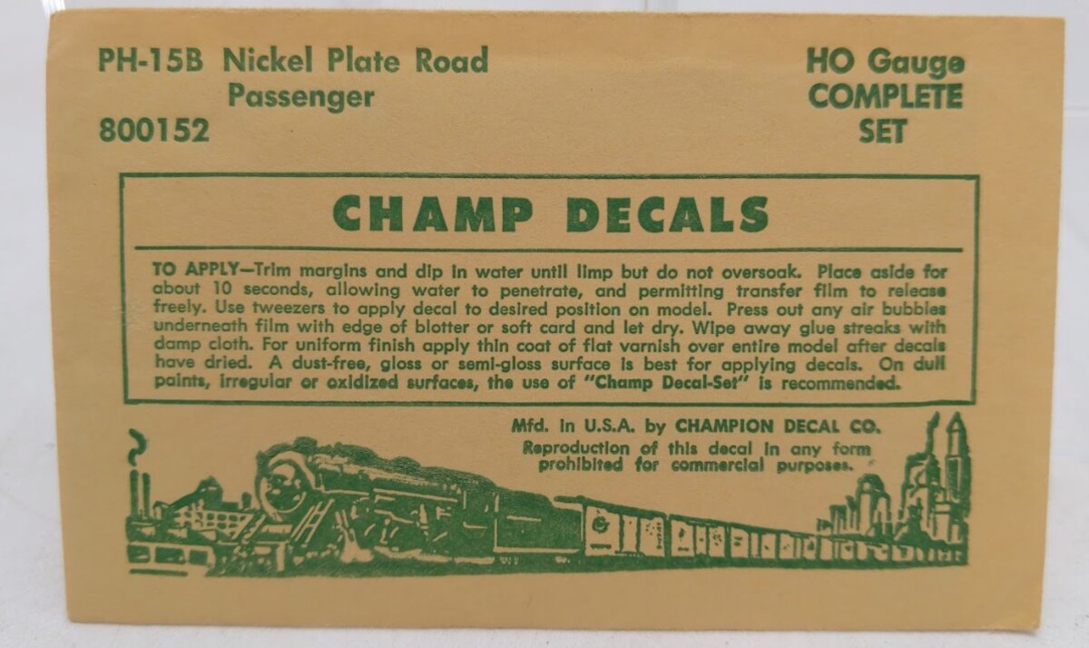 Champ Decals PH-15B HO Scale Nickel Plate Road Passenger Car Complete ...