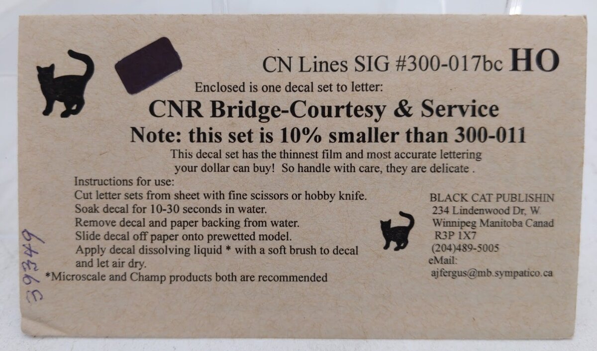 Black Cat 300-017bc HO Scale CNR Bridge-Courtesy & Service Decal Set ...