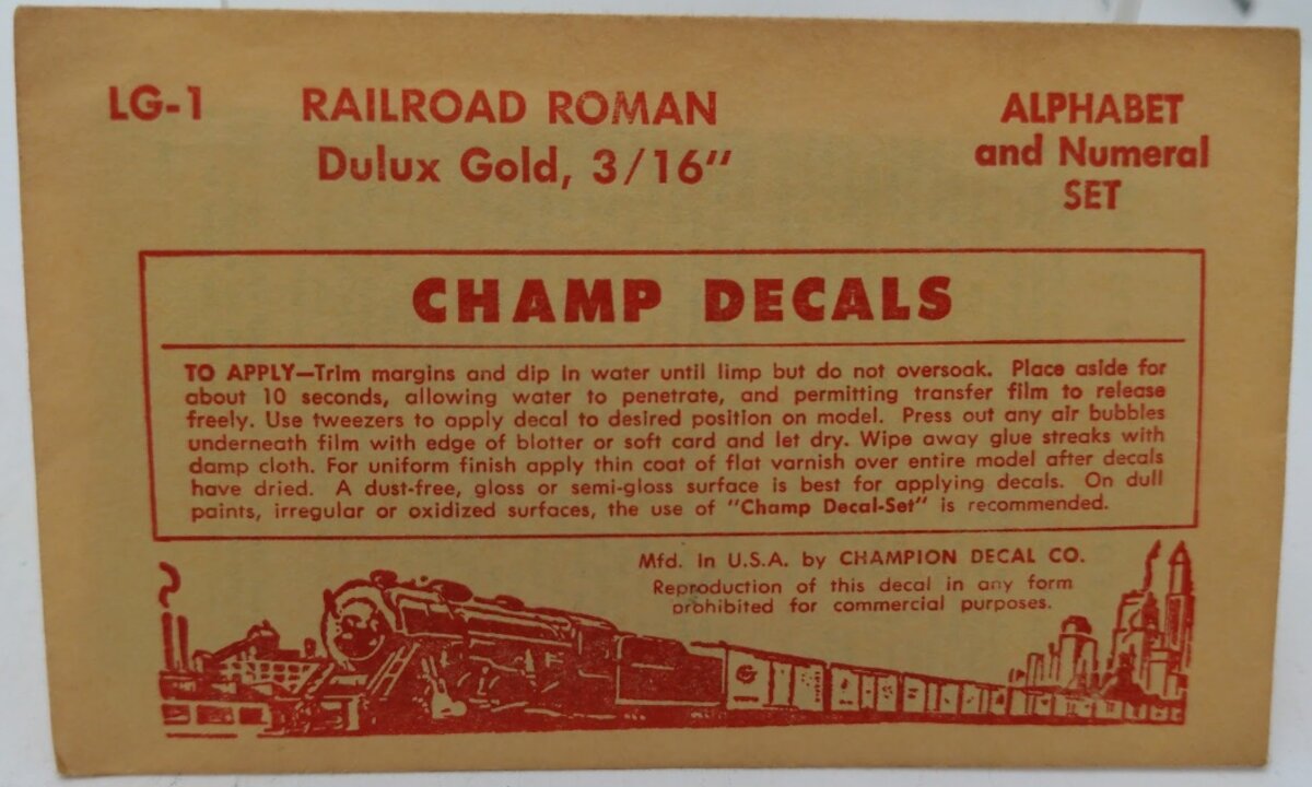 Champ Decals LG-1 HO Scale Railroad Roman Dulux Gold 3-/16” Decal Set ...