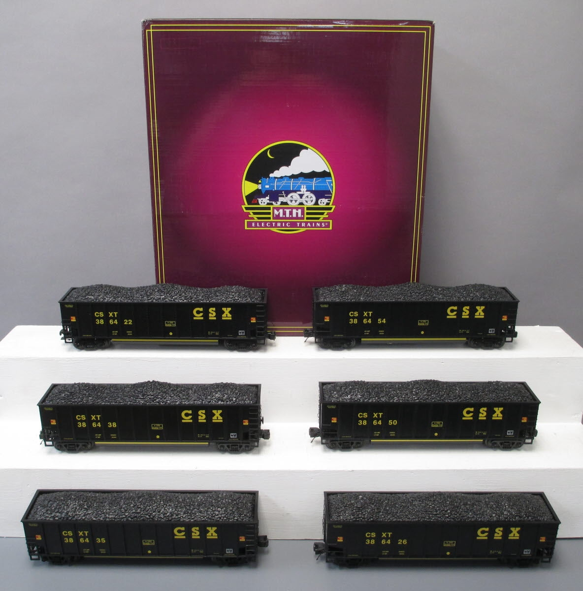 MTH 20-90737 O Gauge CSX Coalporter Hoppers w/ Coal Load 6-Car Set – Trainz