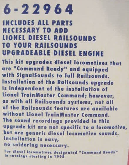 Lionel 6-22964 RailSounds Upgrade Kit w/Diesel Railsounds – Trainz