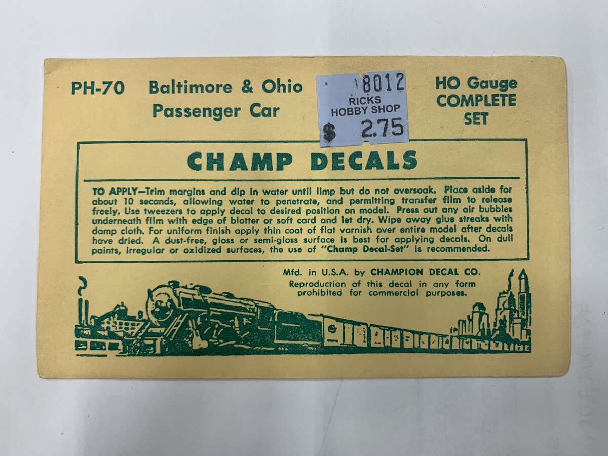 Champ Decals PH-70 HO Scale Baltimore & Ohio Passenger Car Decals – Trainz
