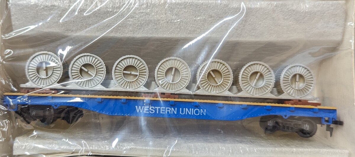 Tyco 335:301 HO Western Union 50' Flat Car w/Coiled Wire Reel Load – Trainz