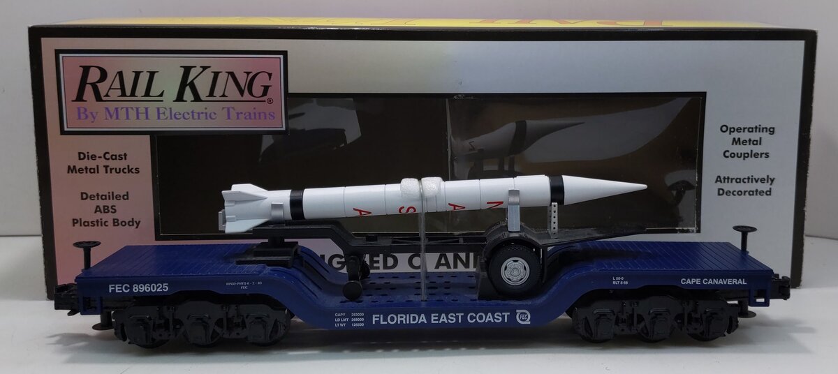 MTH 30-76554 O FEC Depressed Center Flat Car w/Rocket Load #896025 – Trainz