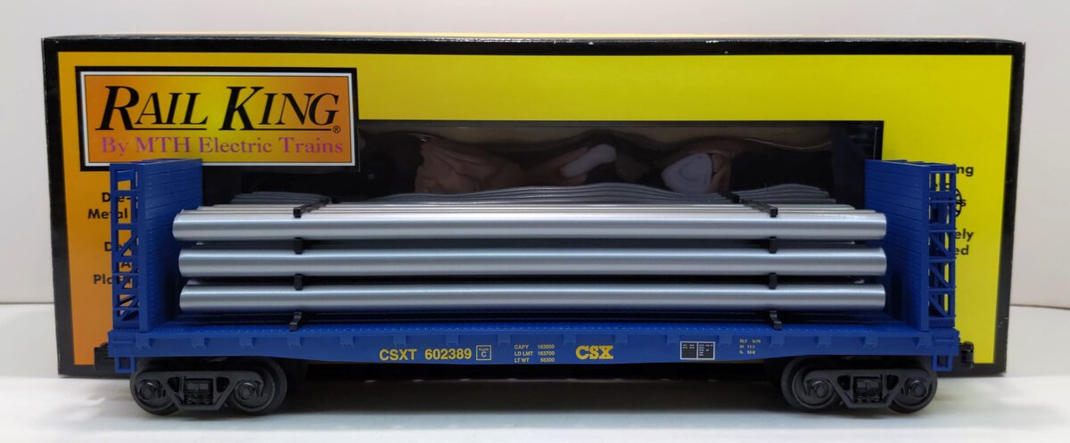 MTH 30-76453 O CSX Flat Car with Bulkheads & Pipe Load – Trainz